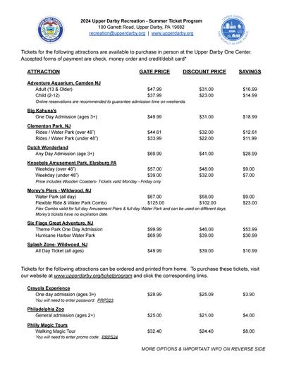 Upper Darby Township Department of Recreation: Summer Ticket Program 2024